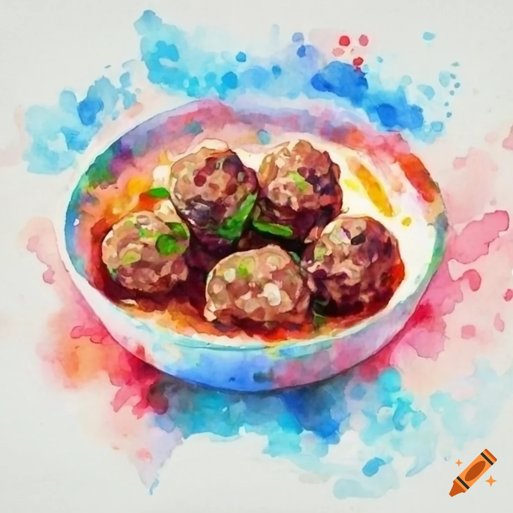 Watercolor of königsberg meatballs in a white bowl on Craiyon