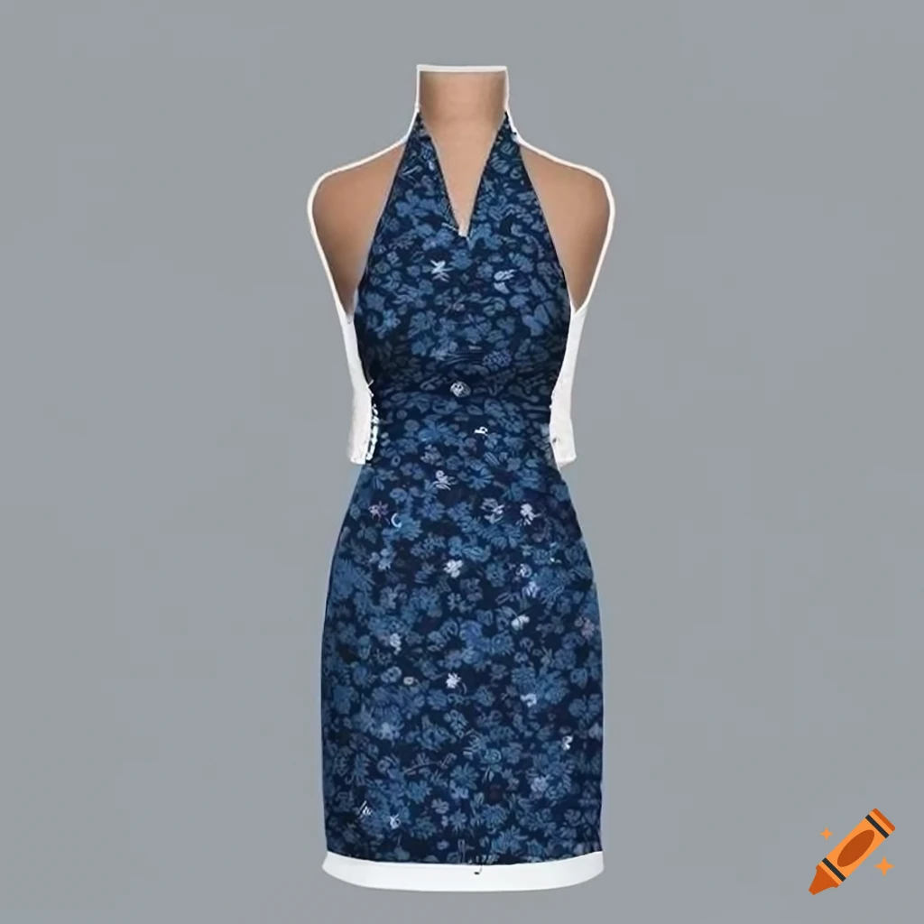 Photorealistic 3d rendering of a blue floral mini wrap dress