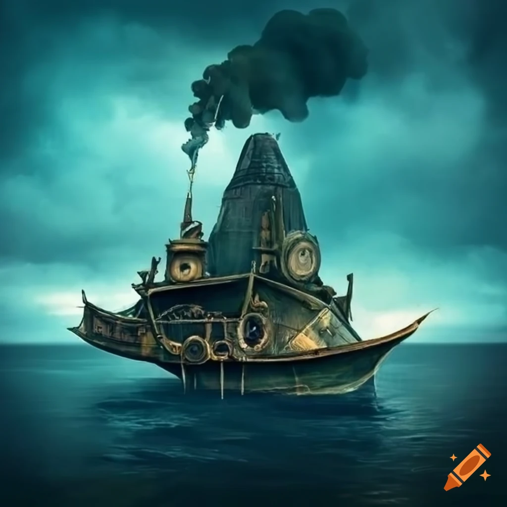 Steampunk boat sailing on a surreal sea on Craiyon