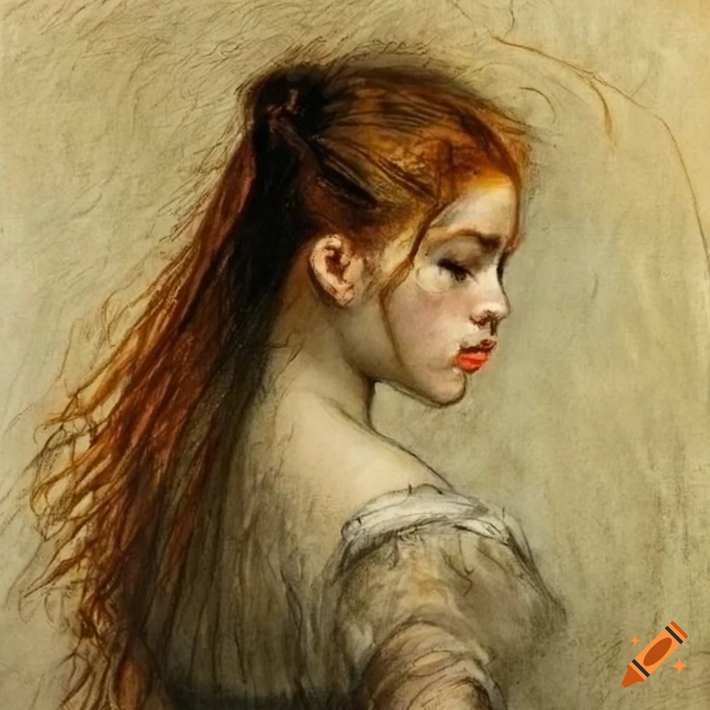 Charcoal drawing of a girl with flowing hair on Craiyon