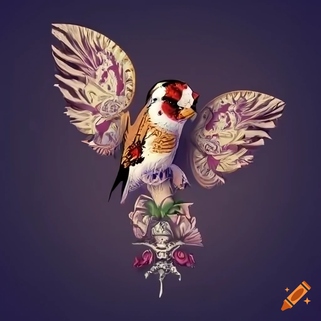 Detailed illustration of a european goldfinch bird taking off on Craiyon