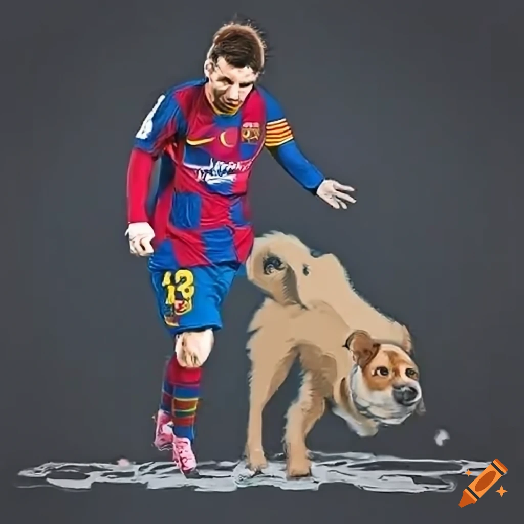 Drawing of messi playing with a dog