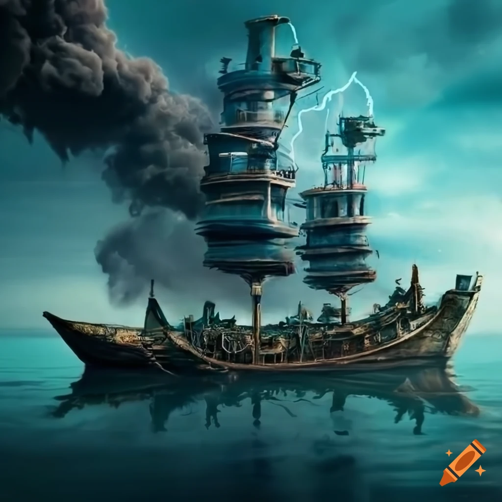 Surreal steampunk boat with canons sailing in strange seas on Craiyon
