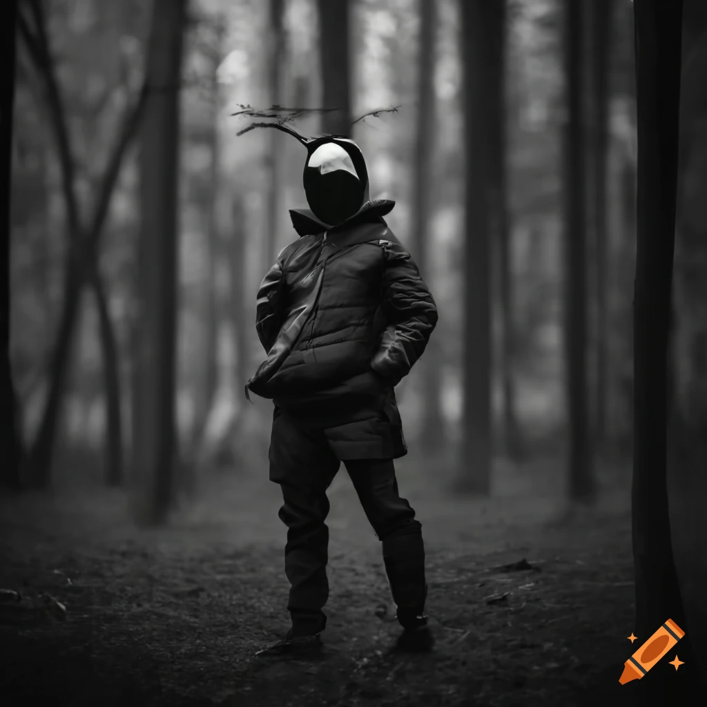 Black and white photo of a man wearing a mask in the forest