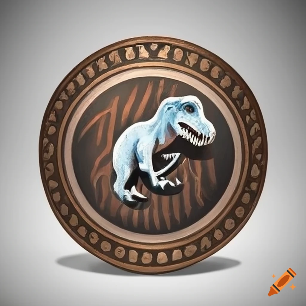Circular greek silver shield with tyrannosaurus rex symbol on Craiyon