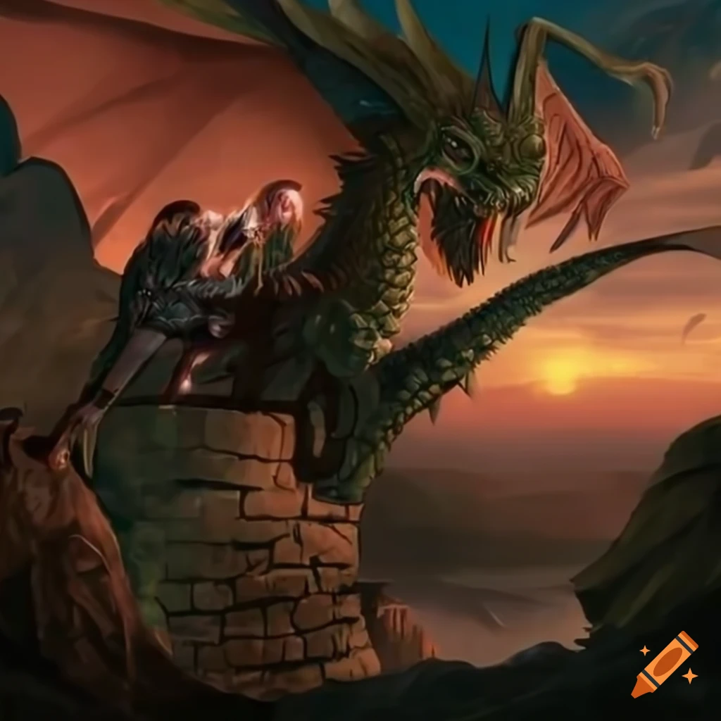 Illustration of an elf battling a dragon in a mountain village on Craiyon