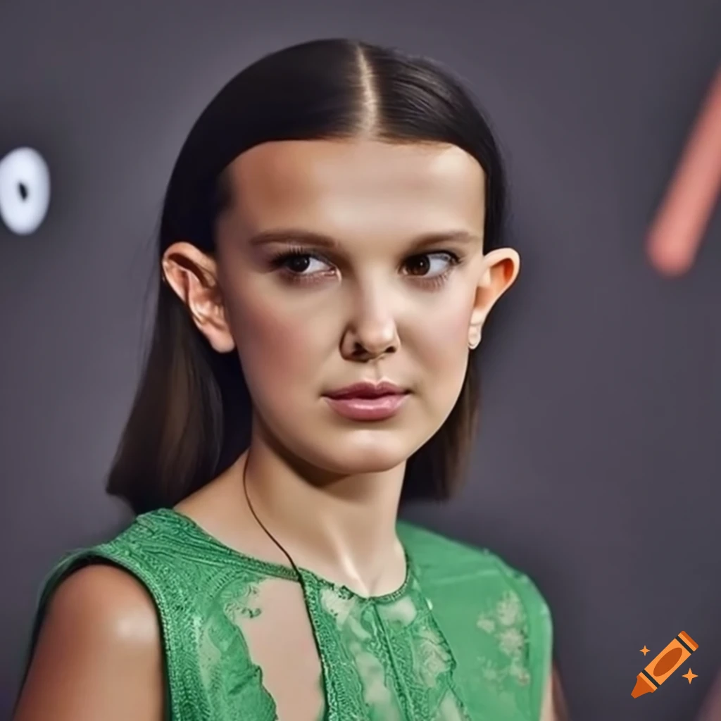 Detailed picture of Millie Bobby Brown in a green dress on Craiyon