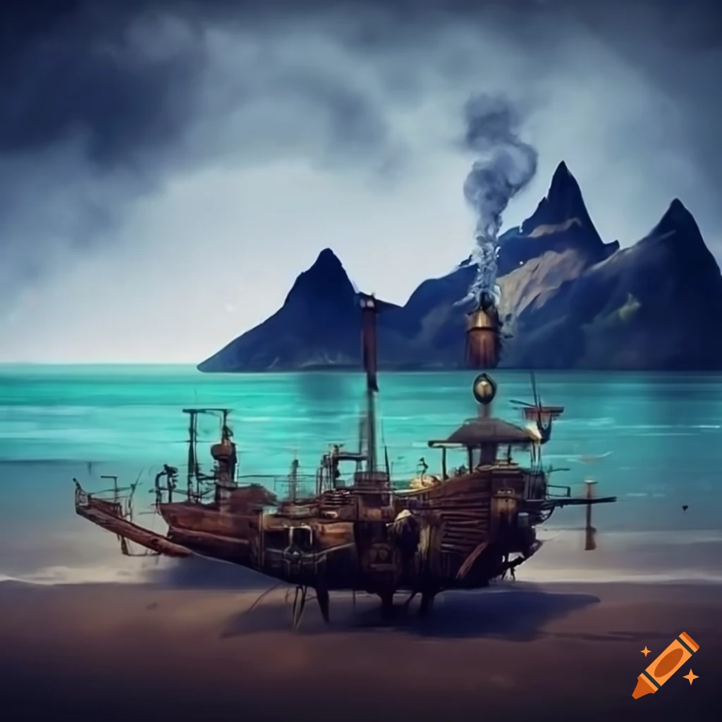 Surreal steampunk artwork of machines and crabes on the beach on Craiyon