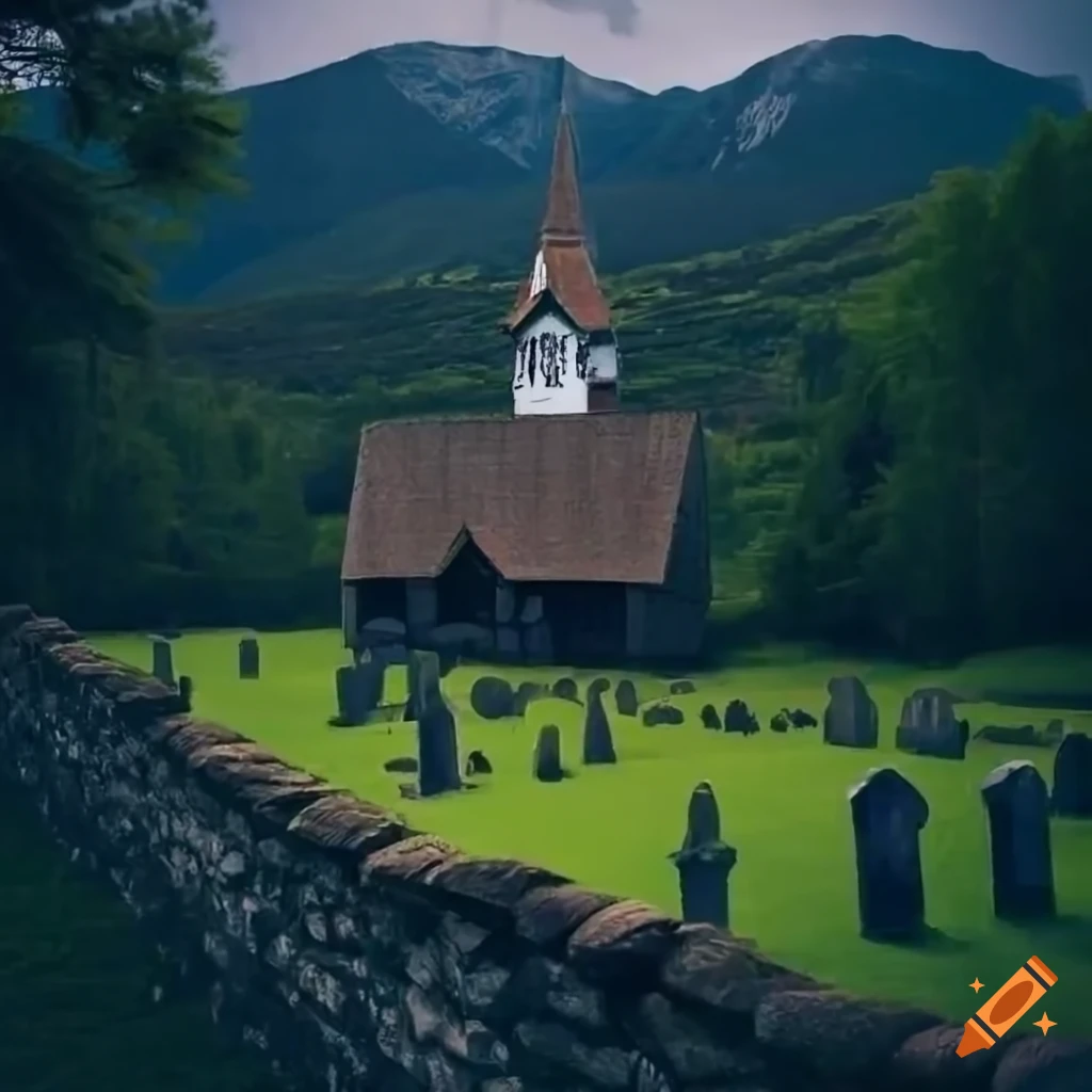 Spooky medieval church in a valley surrounded by forest on Craiyon