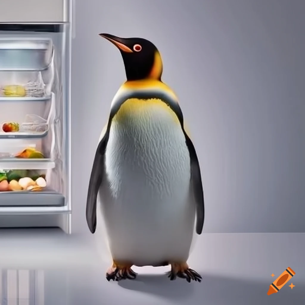 Penguin opening refrigerator in modern kitchen on Craiyon