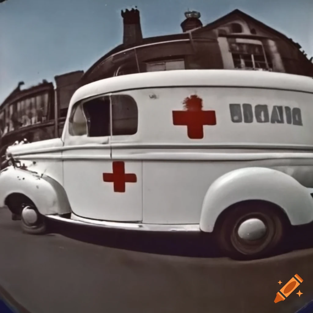 Realistic fisheye photo of a white ambulance from the 1940s