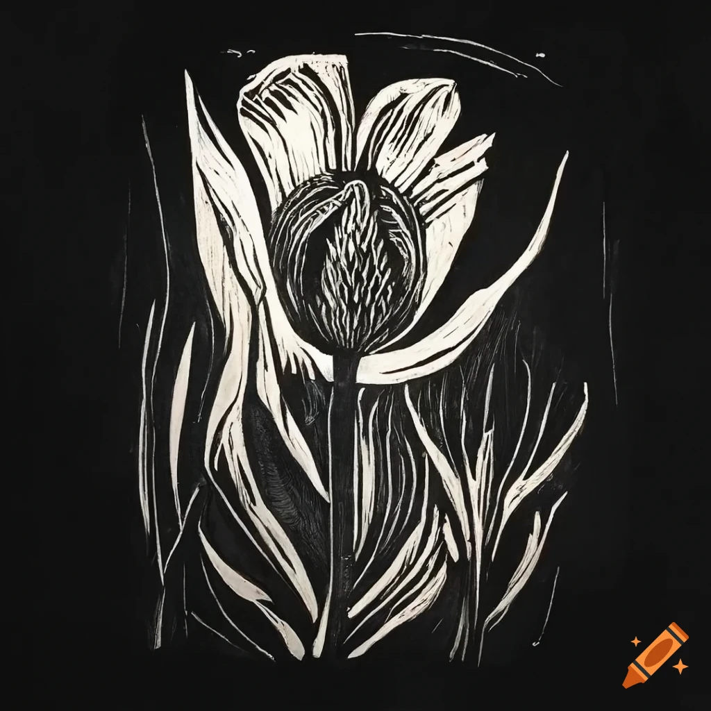 Linocut artwork featuring a tulip flower on Craiyon