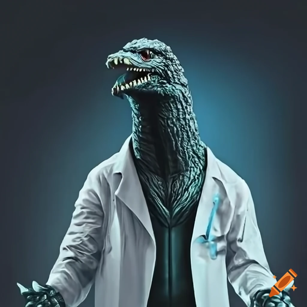 Doctor Godzilla in a lab coat on Craiyon