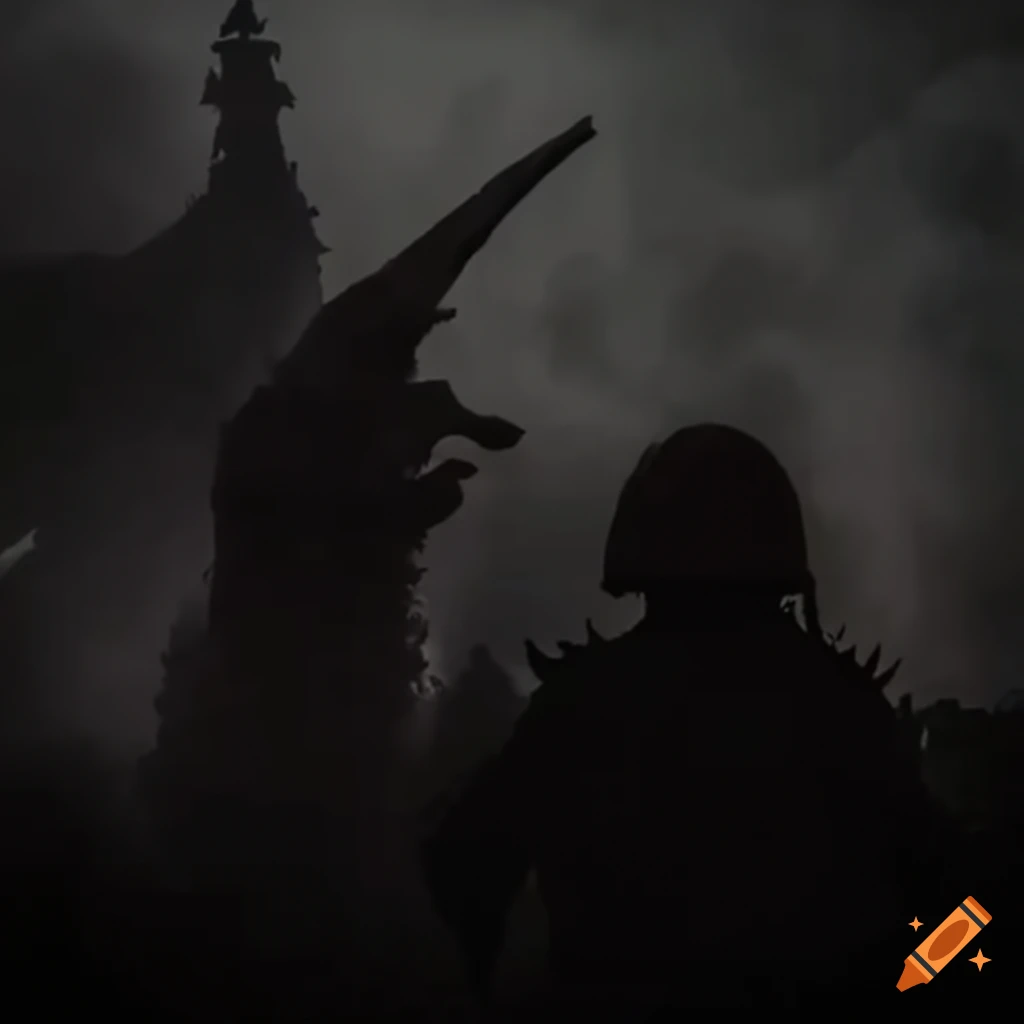 Artwork of epic battle scenes with towering kaiju on Craiyon