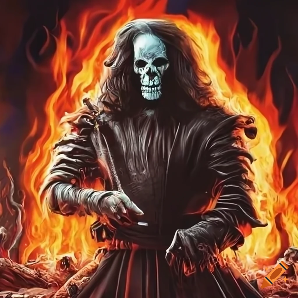 Album cover with judge death and fire on Craiyon