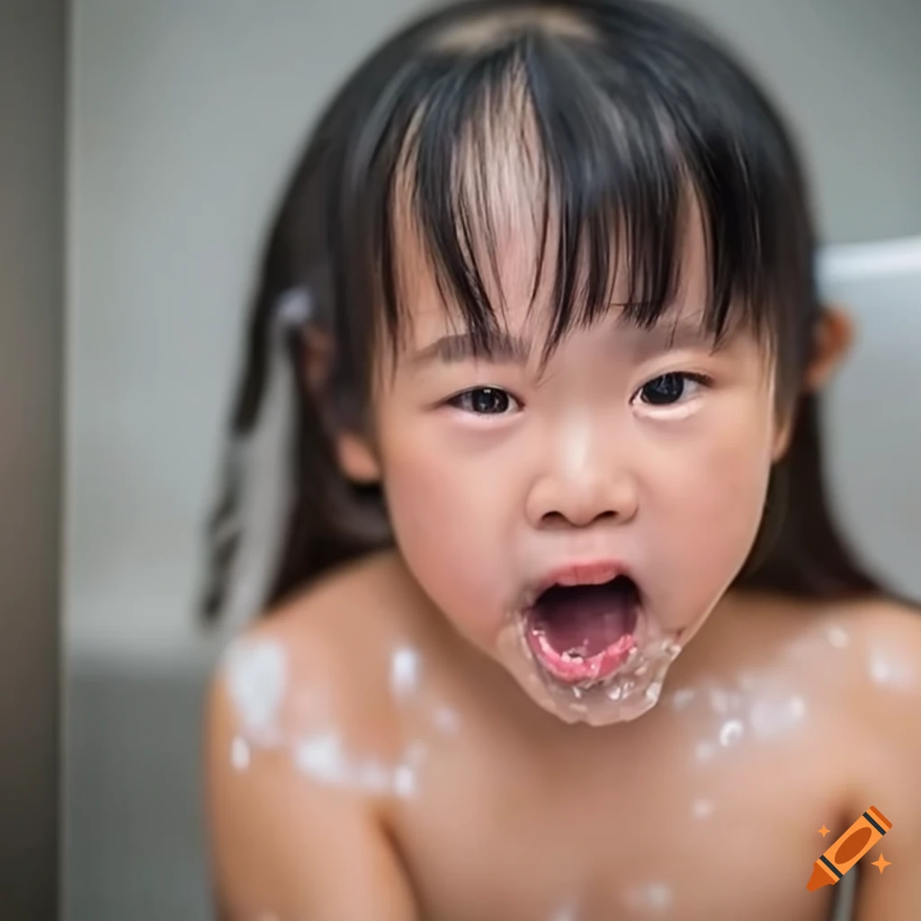 Smiling Asian toddler girl during bath time on Craiyon
