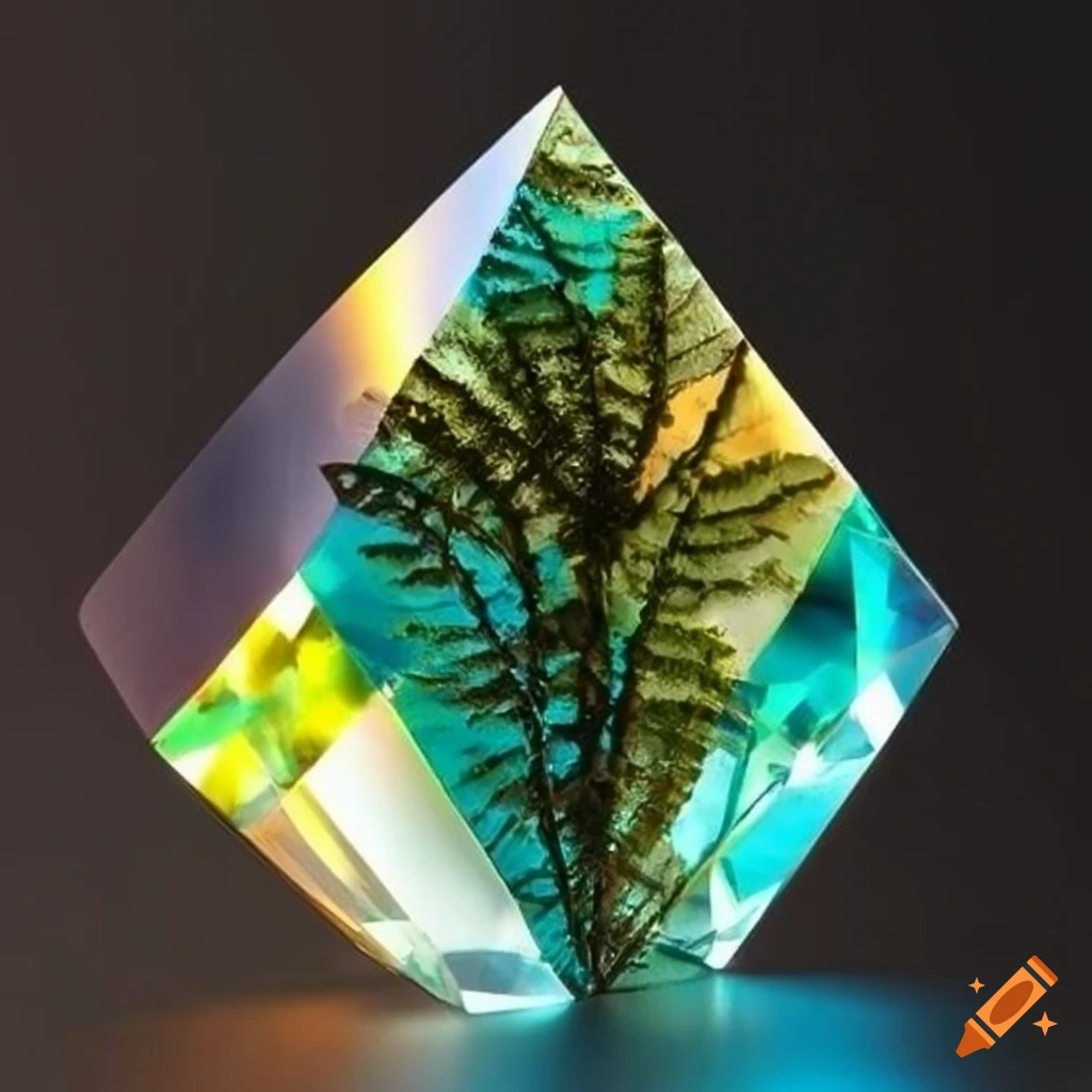 Unique gemstone prism reflecting tree ferns
