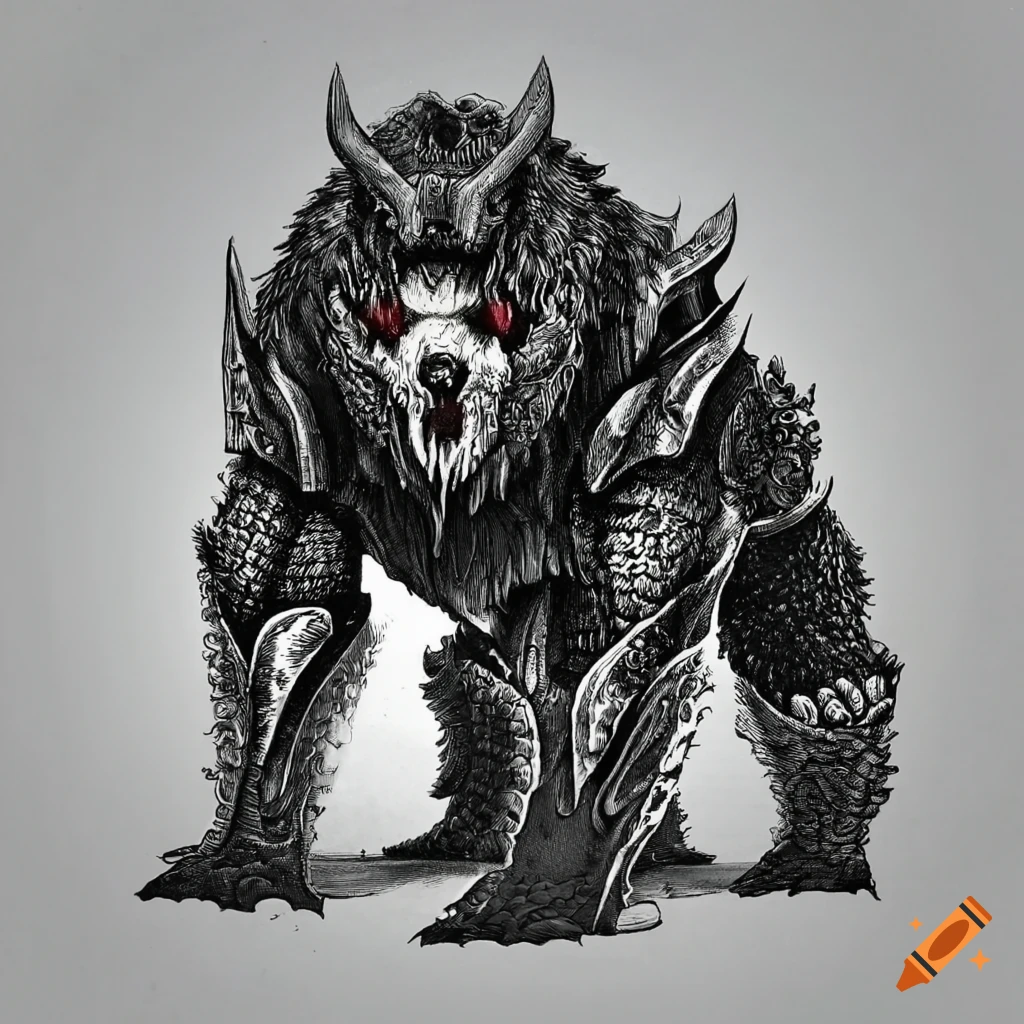 Etched black and white image of a monstrous armored bear