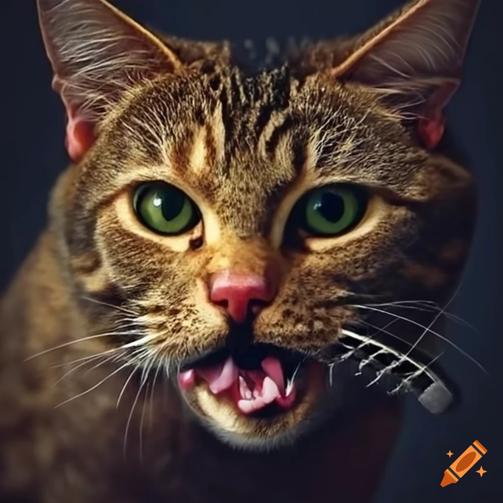 Funny image of a cat with something in its mouth