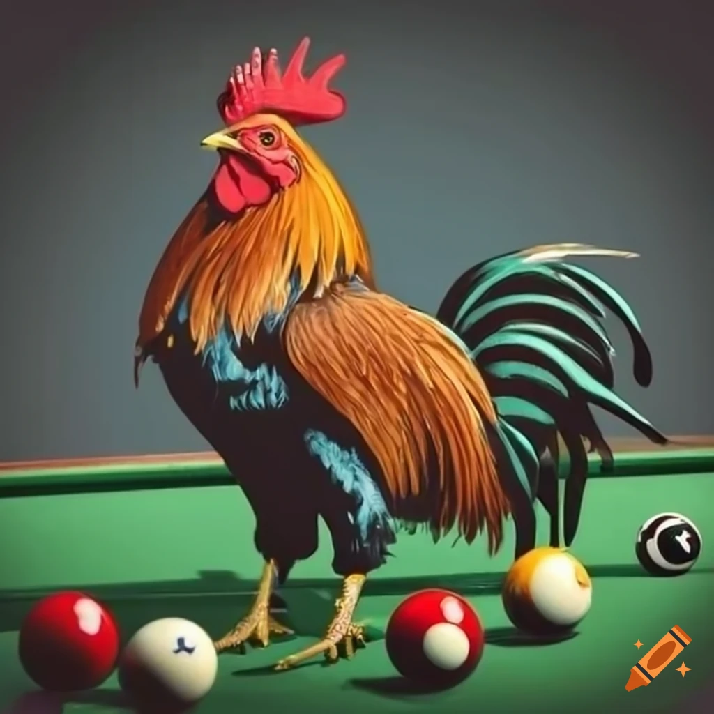 Humorous illustration of a rooster playing pool billiards on Craiyon