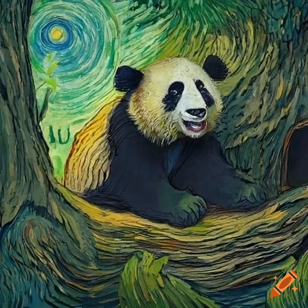Van Gogh-style artwork of a panda coming out of a cave on Craiyon