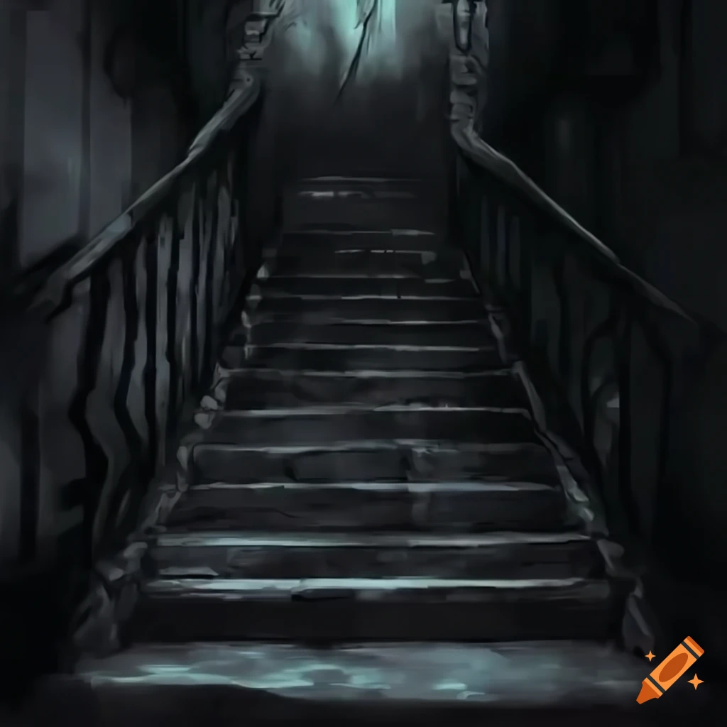 Anime style creepy stairs in the dark on Craiyon