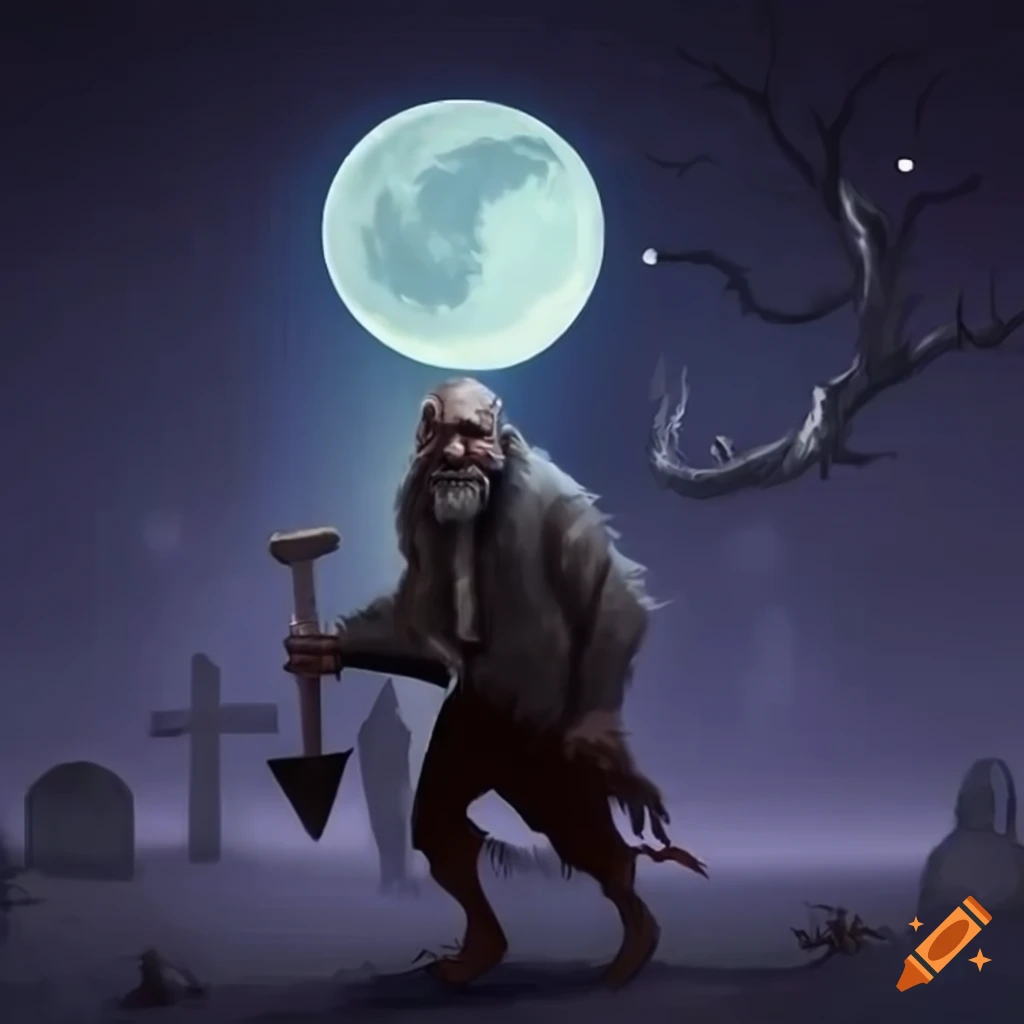 Werewolf old man in a graveyard at night on Craiyon