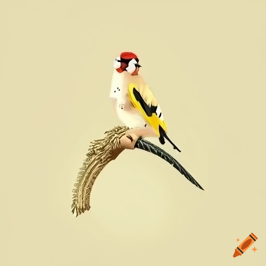 Illustration of a european goldfinch bird taking off with intricate ...