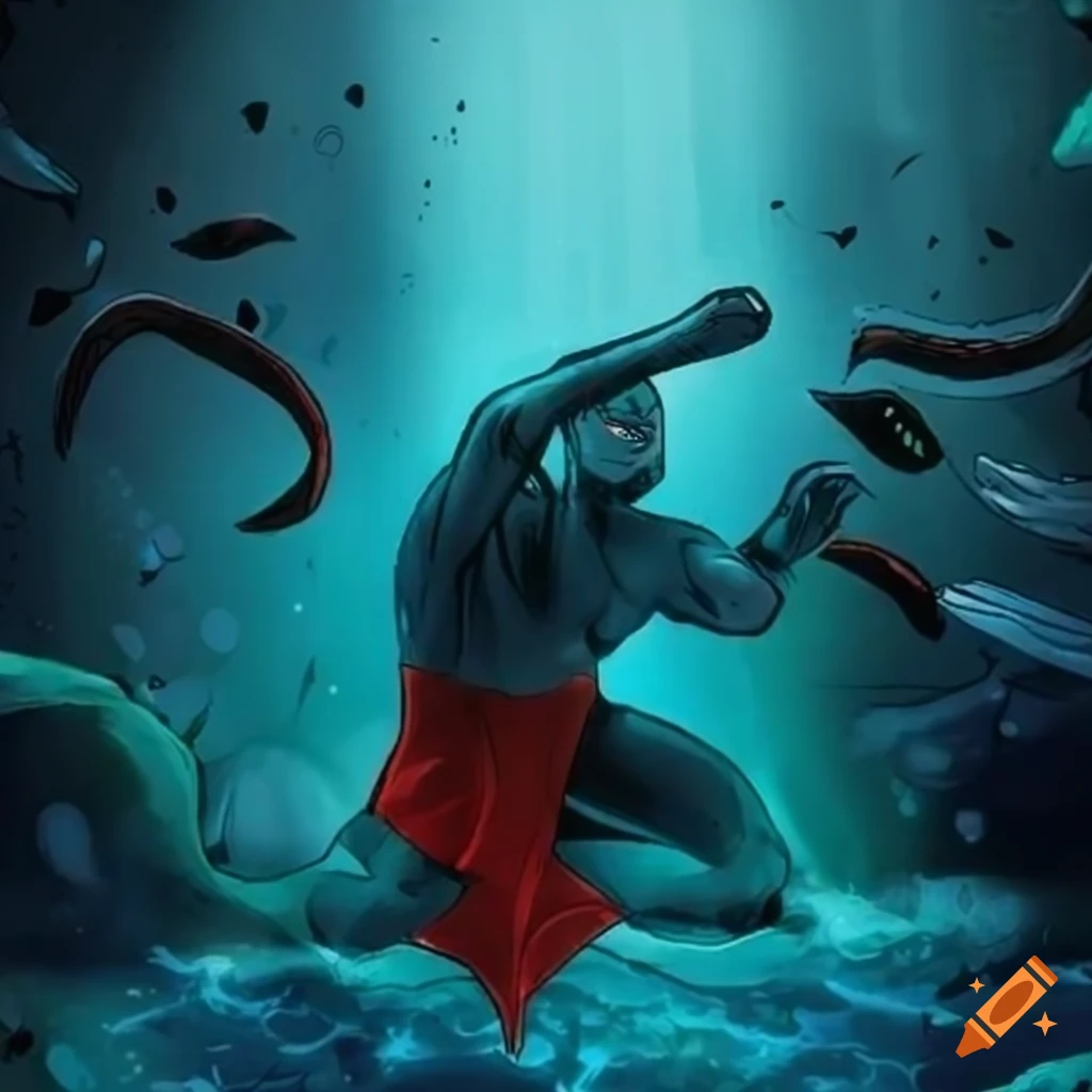 Comic book style artwork of two superheroes fighting underwater on Craiyon