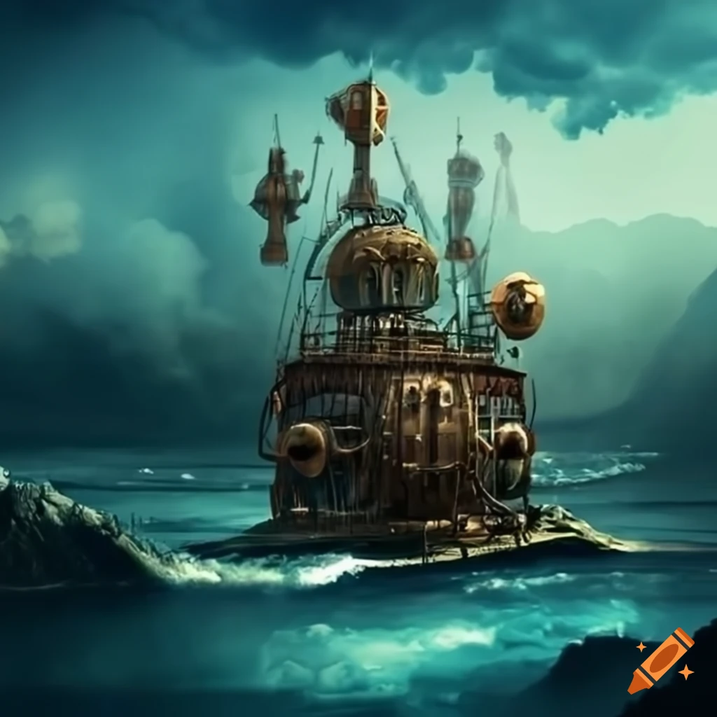 Steampunk boat sailing through a surreal landscape