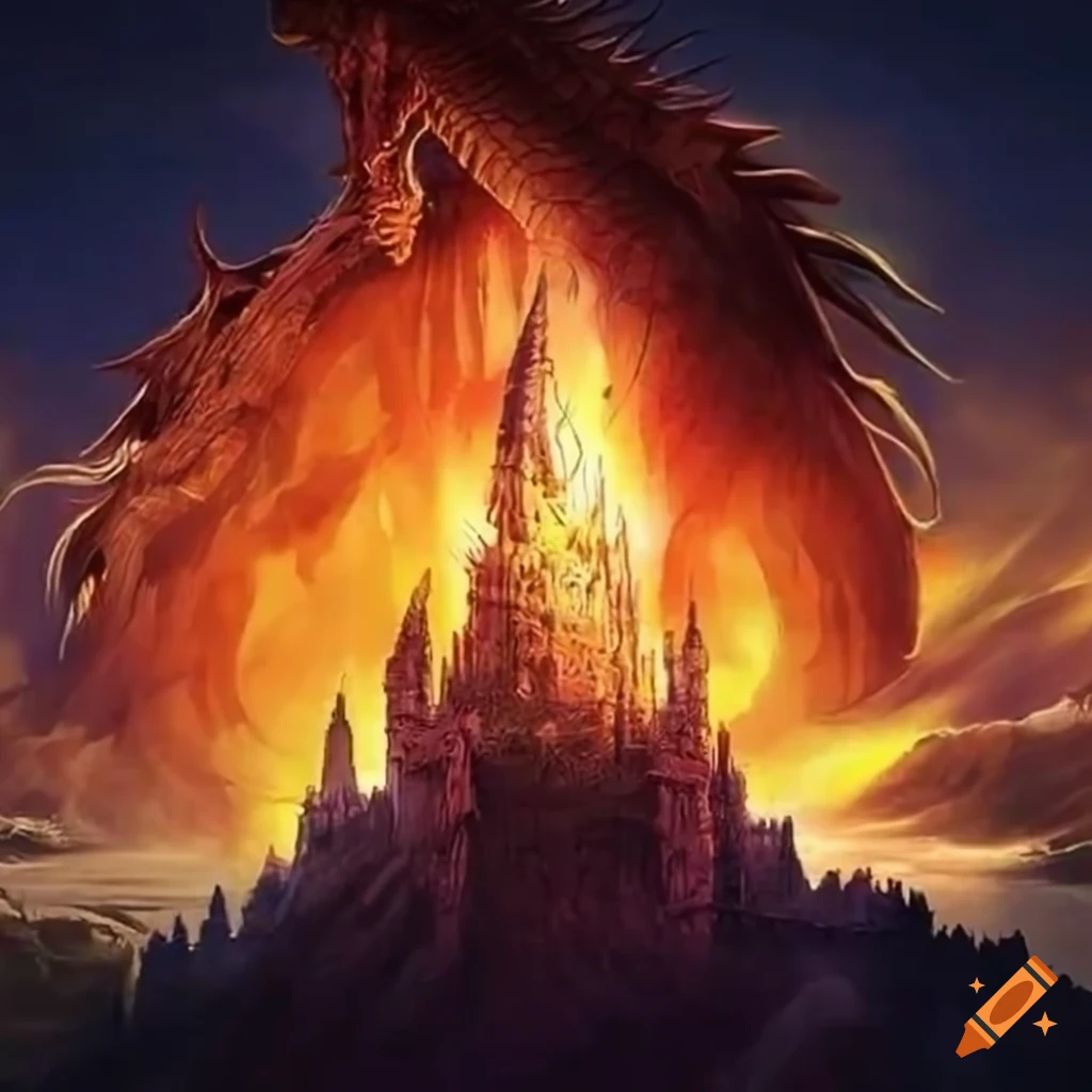 Castillo con un dragon y cielo fuego