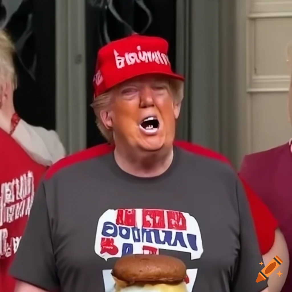 Image of trump wearing a maga hat and holding cheeseburgers on Craiyon