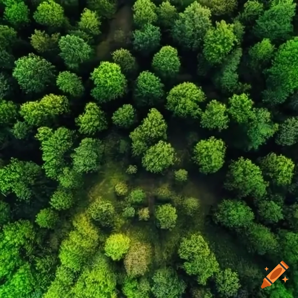 Aerial view of a magical green forest on Craiyon