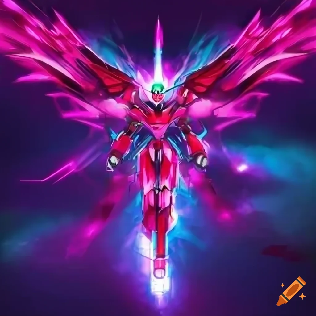Red mecha with sharp wings in anime artwork