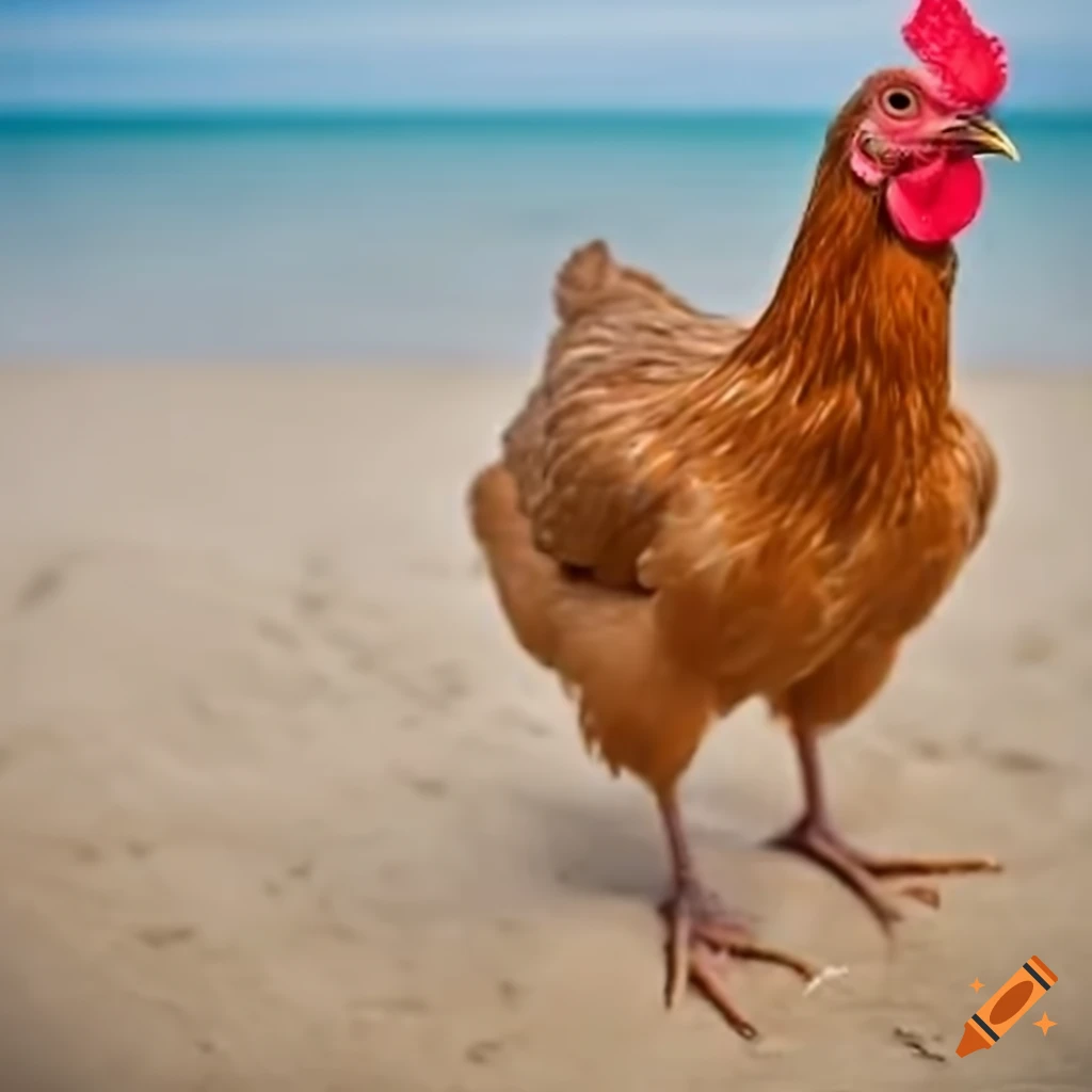 Realistic depiction of a chicken at the beach
