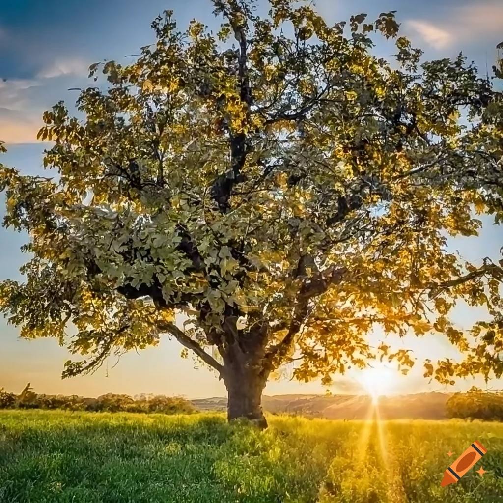 Golden hour photography of an apple tree on Craiyon