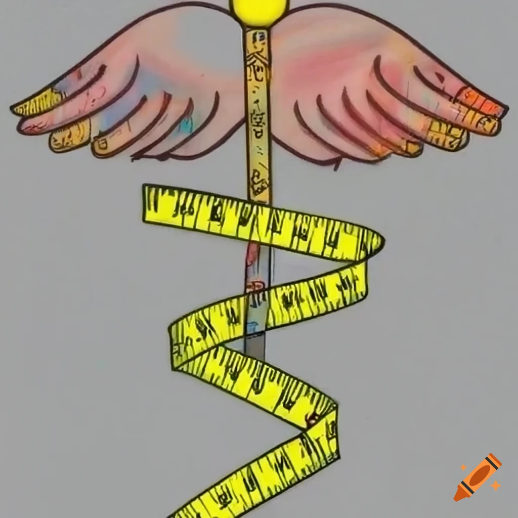 Yellow measuring tape forming a caduceus logo