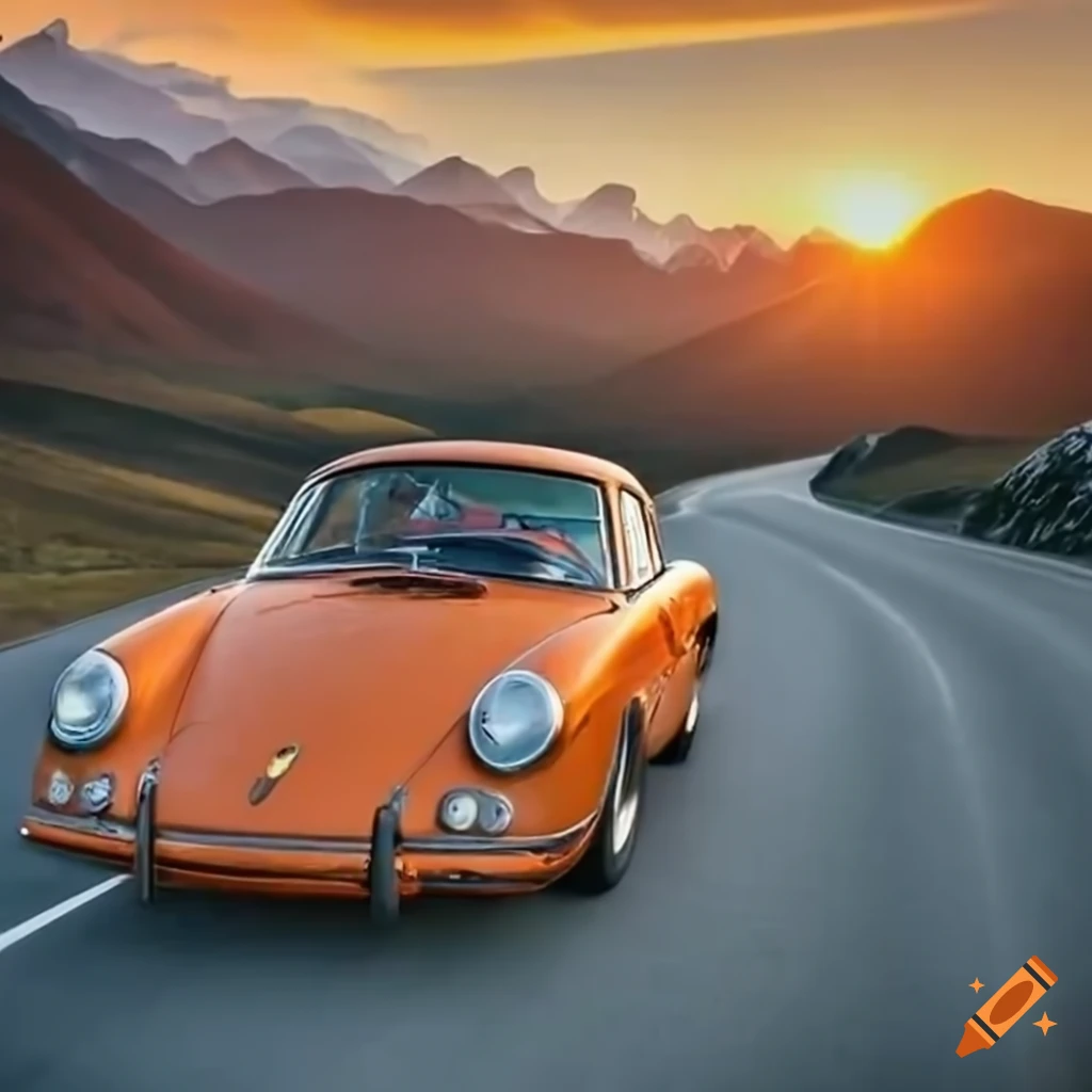 Classic Porsche driving on a mountain road at sunset on Craiyon