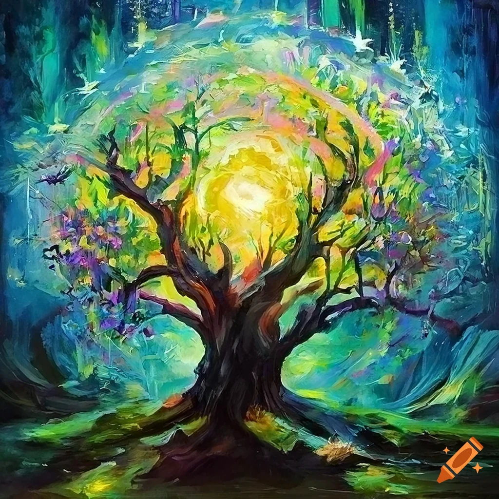 Colorful and luminous tree in a fantasy artwork on Craiyon