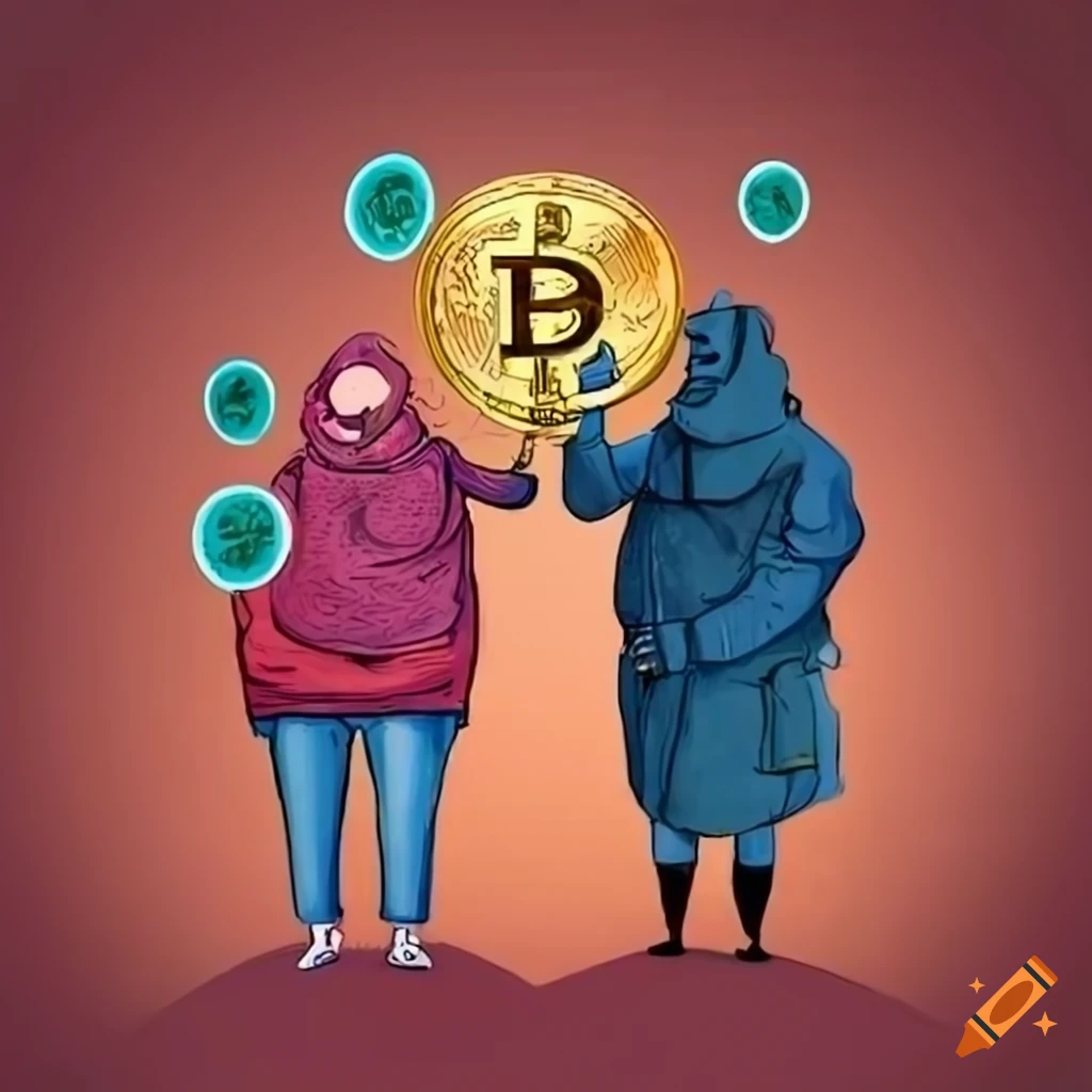 Illustration of people hunting for hidden bitcoin treasures on Craiyon