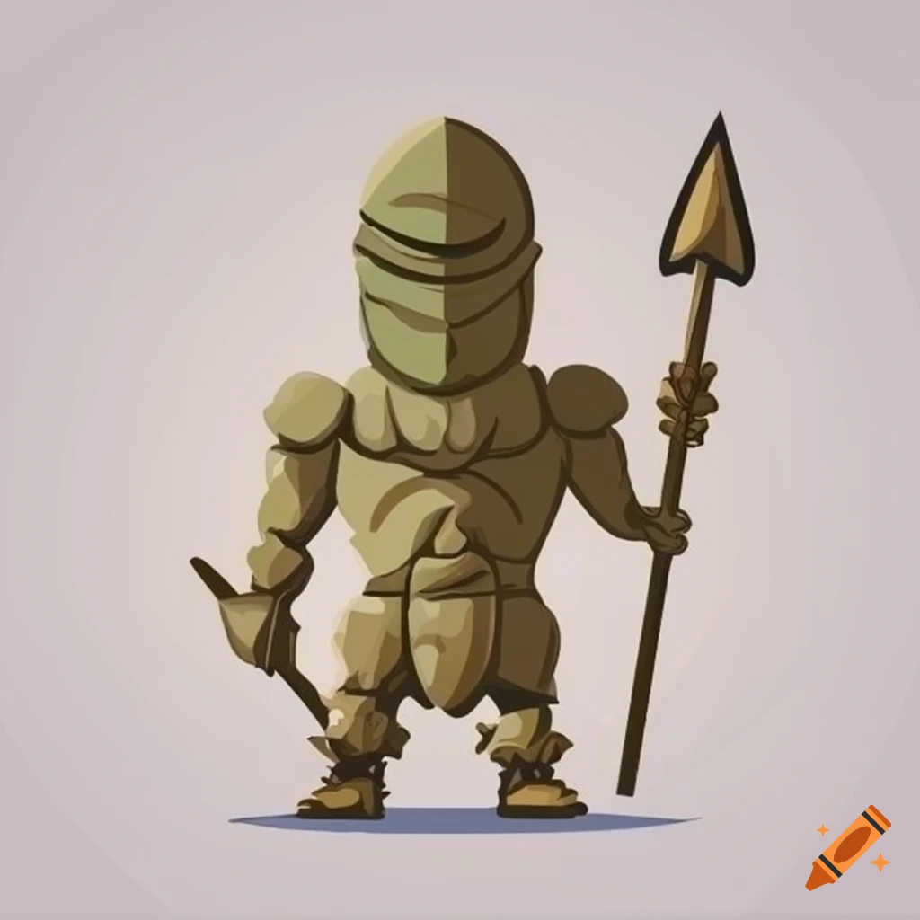 Cartoon-style bronze stone warrior with spear on Craiyon