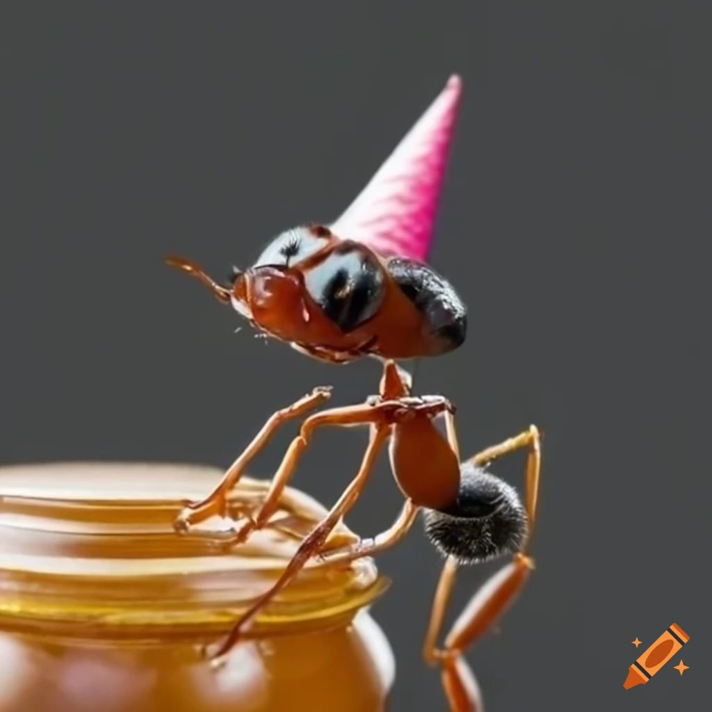 Funny image of an ant with a birthday hat and honey pot on Craiyon