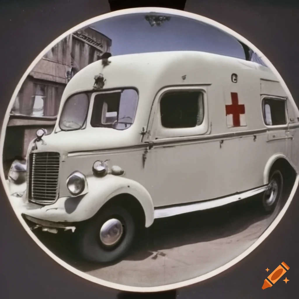 Realistic fisheye photo of a white 1940s ambulance