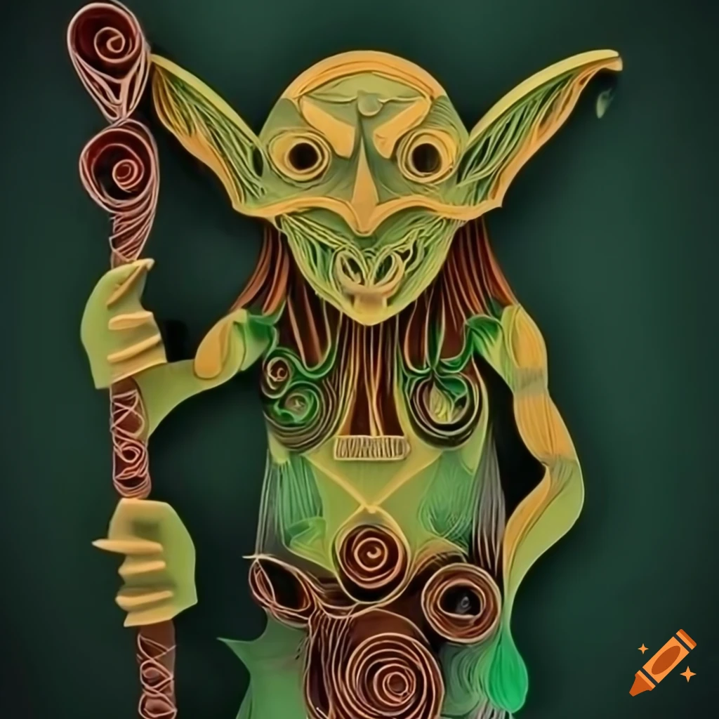 Quilling art of a forest goblin shaman with staff