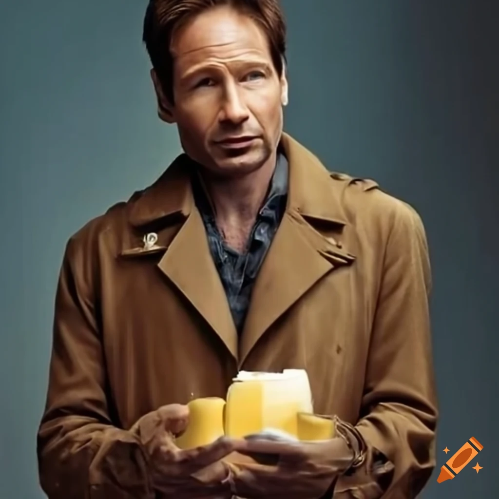 David duchovny holding butter and keys with a puzzled expression on Craiyon