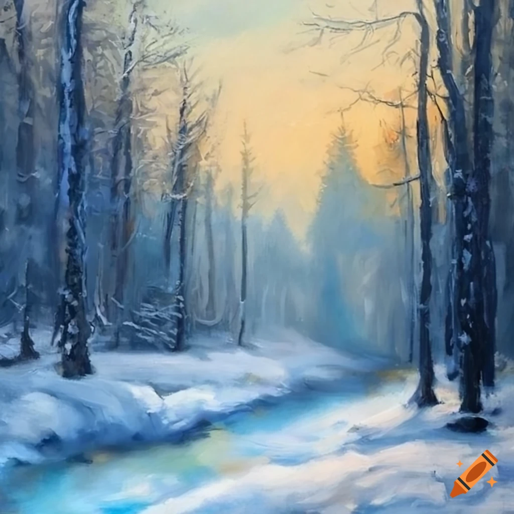 Oil painting of a winter forest
