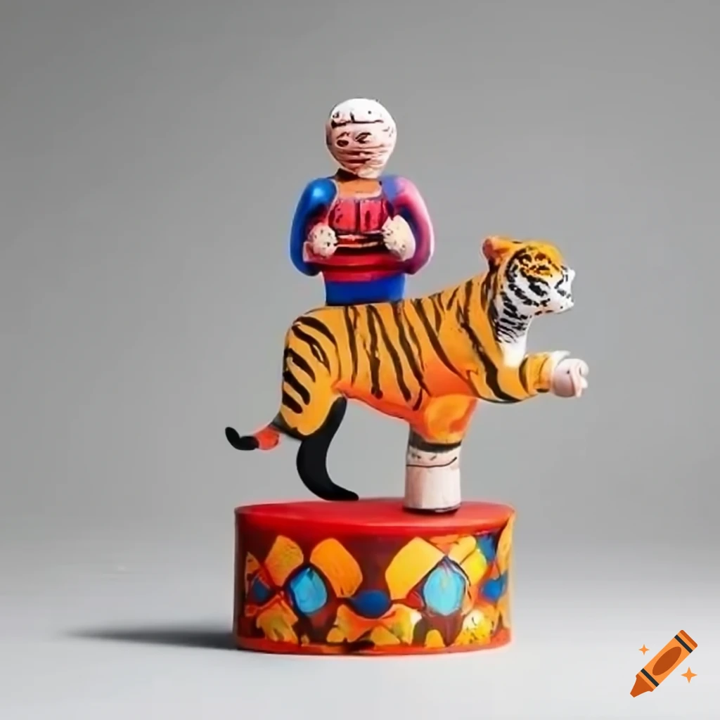 Painted wooden toy of a tiger tamer and tiger