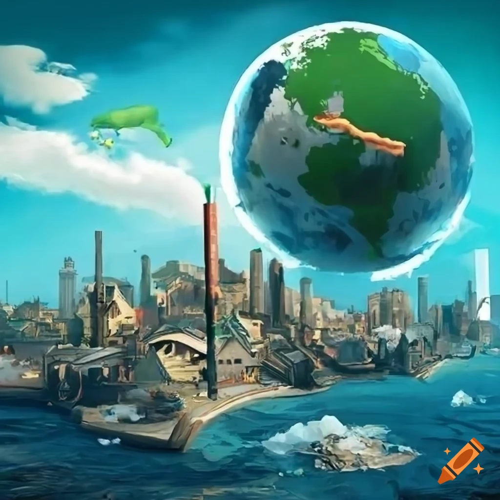Cover art depicting global pollution in a video game on Craiyon