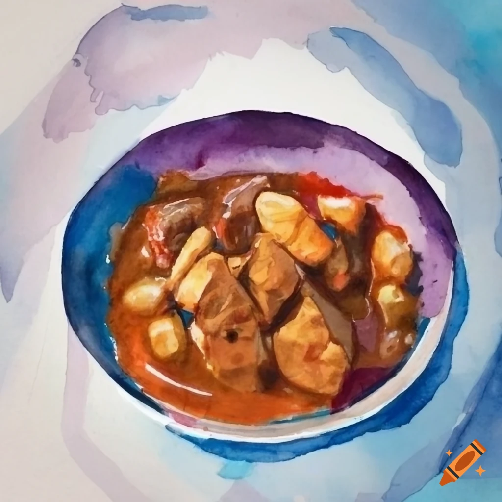 Watercolor illustration of chicken goulash curry in a white bowl on Craiyon