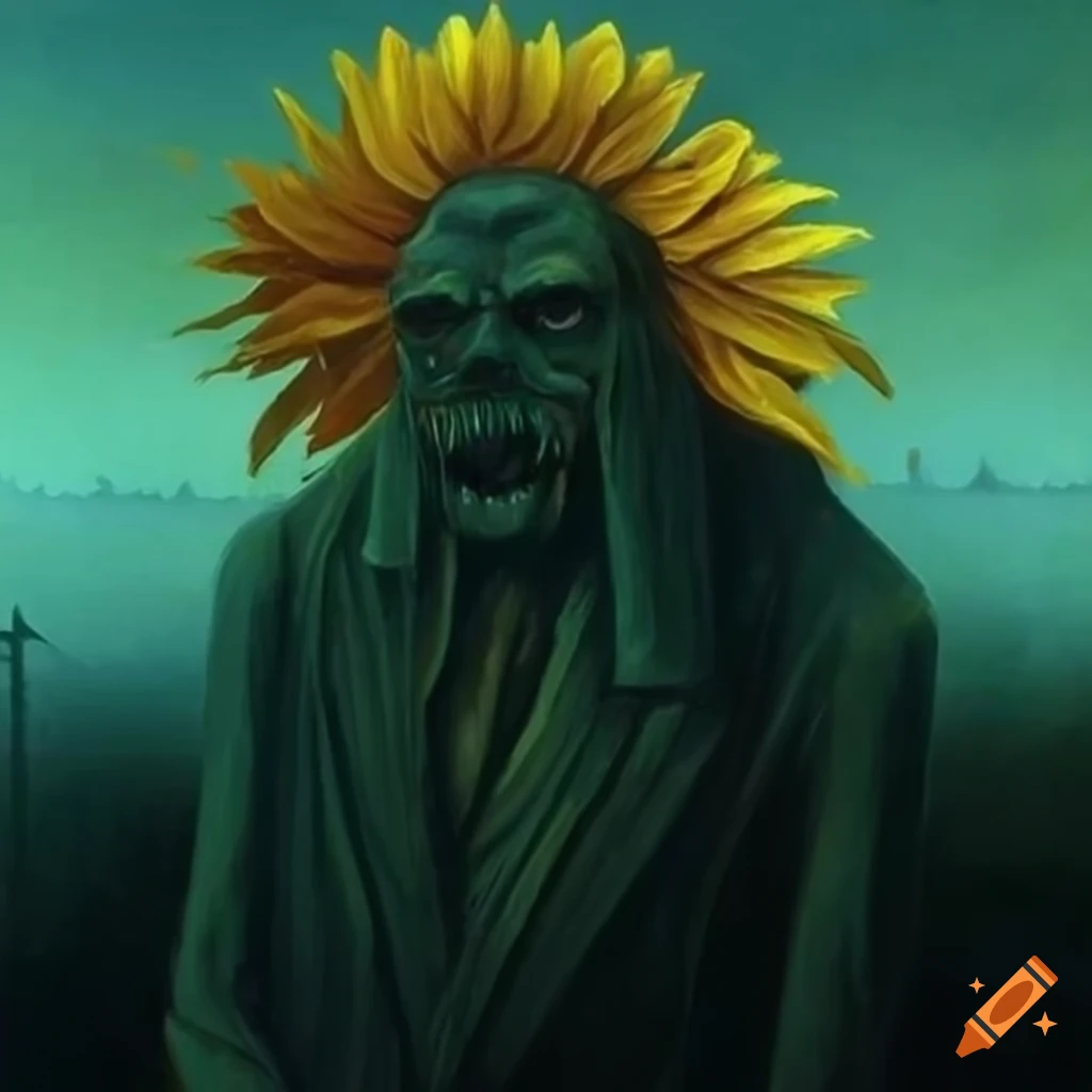 Painting inspired by beksinski with monsters and sunflowers
